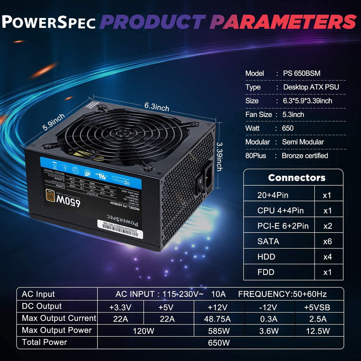 PowerSpec PS650BSM 650W 80Plus Bronze 2x PCIE Semi-Modular ATX 12V Pow ...
